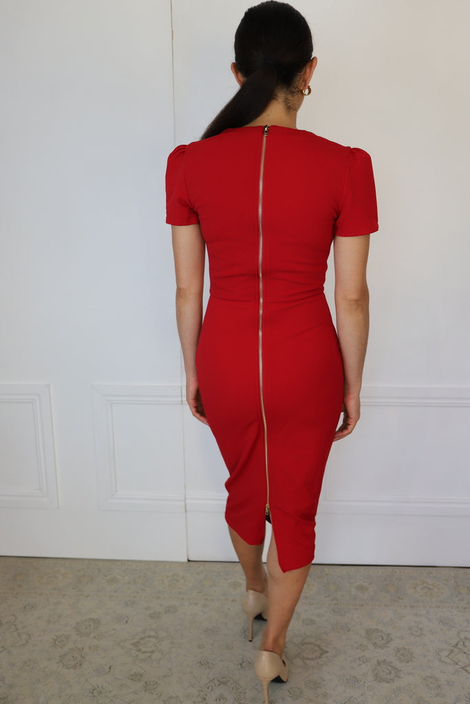 Andrea Womens Red Work Dress, midi length with Gold Zip – Miss Métier
