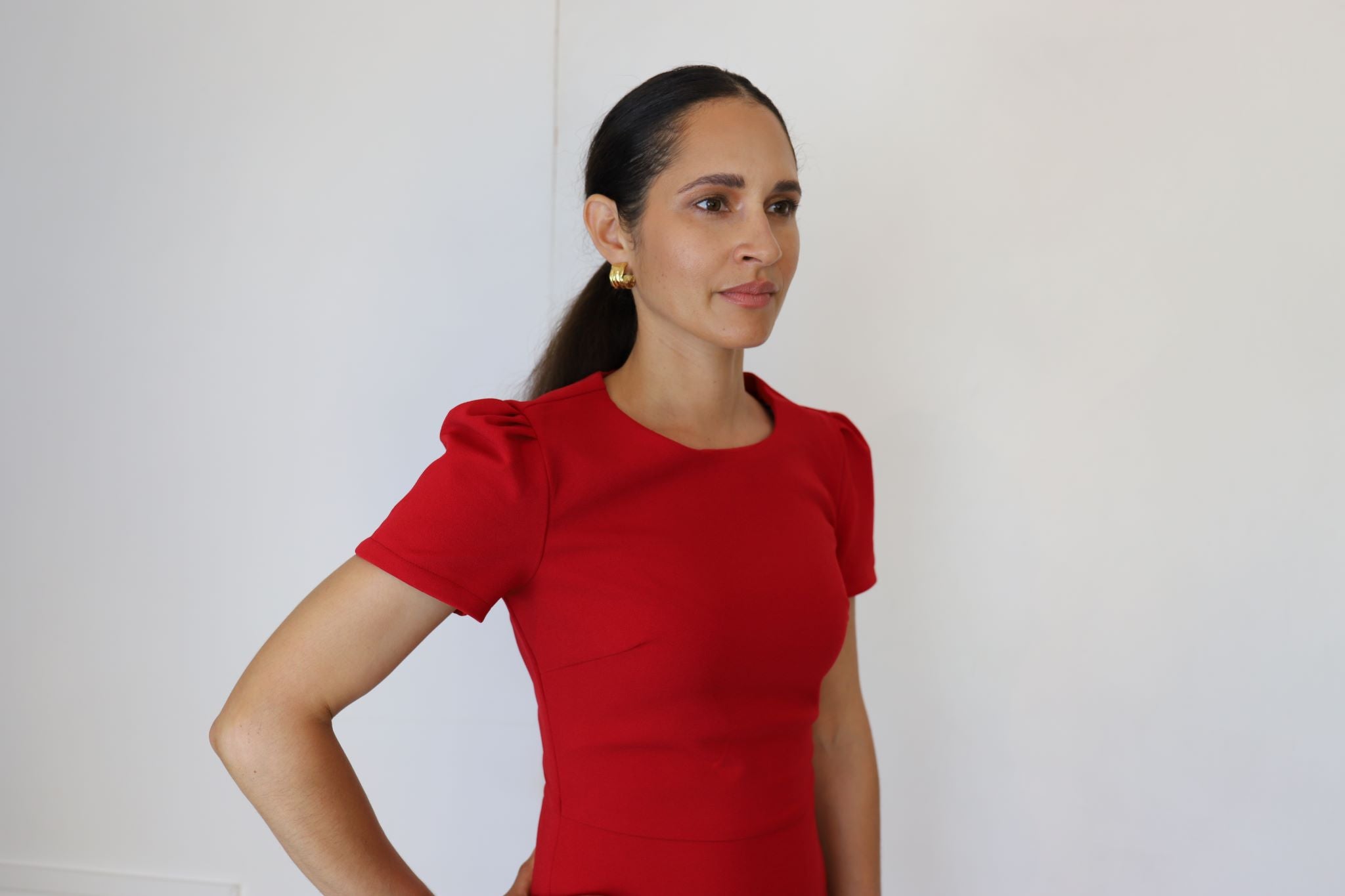 Andrea Womens Red Work Dress, midi length with Gold Zip – Miss Métier